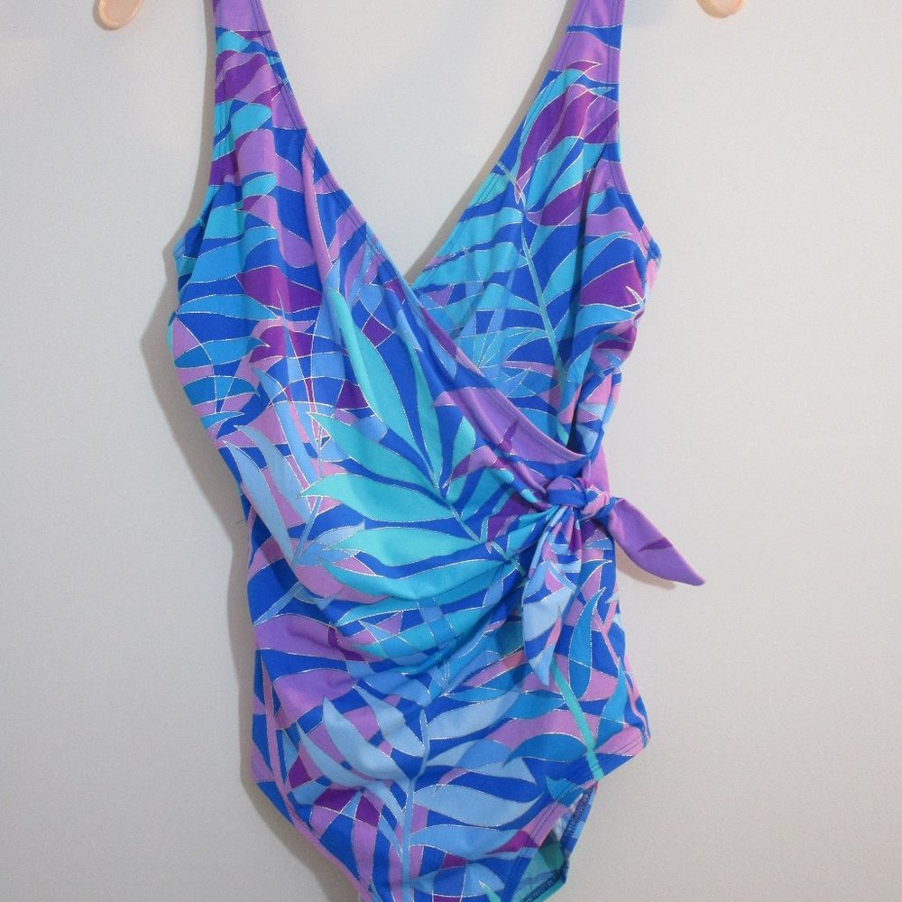 Tropical One Piece Shirred Swimsuit Aqua Fuchsia Pink… - Gem